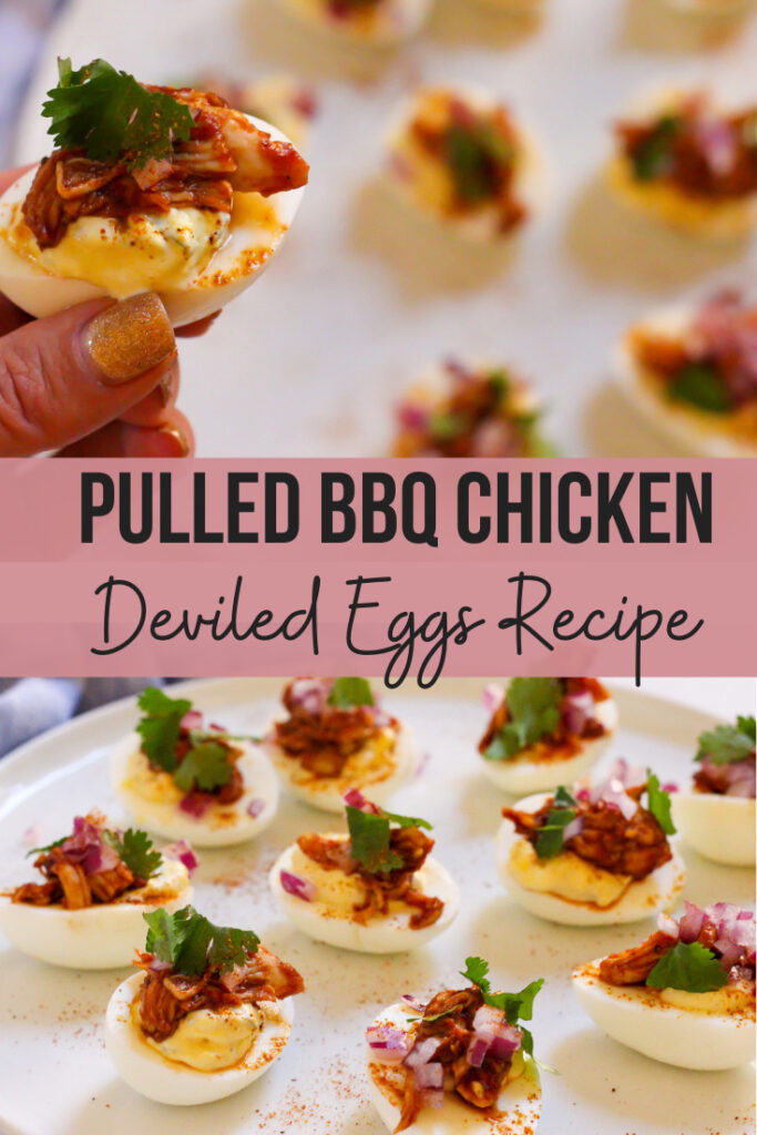 Pulled BBQ Chicken Deviled Eggs - The Fitnessista